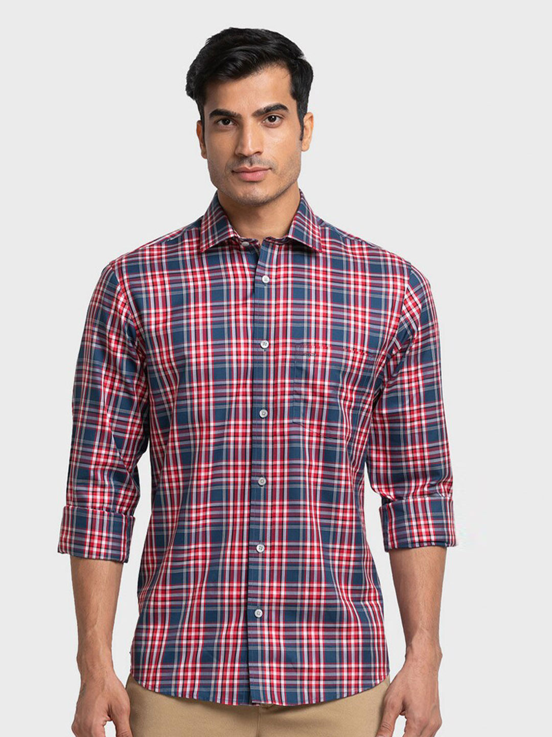 Buy ColorPlus Men Red Checked Organic Cotton Tailored Fit Casual Shirt ...