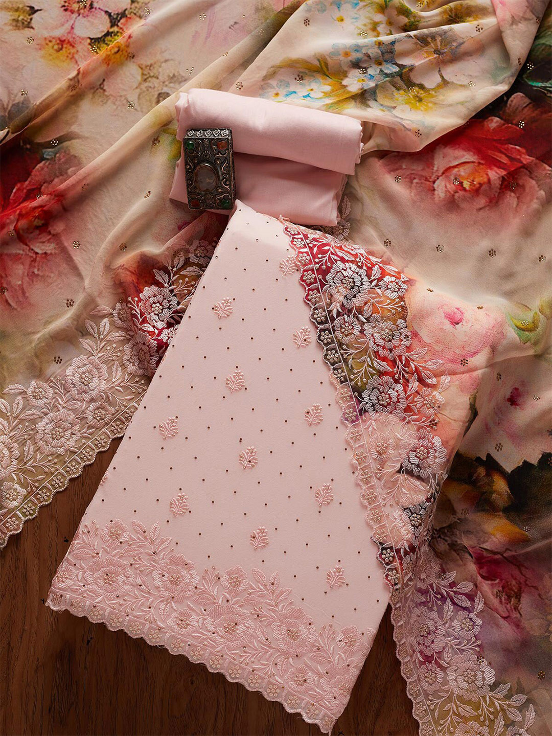 Buy Koskii Pink & Red Embroidered Unstitched Dress Material - Dress ...