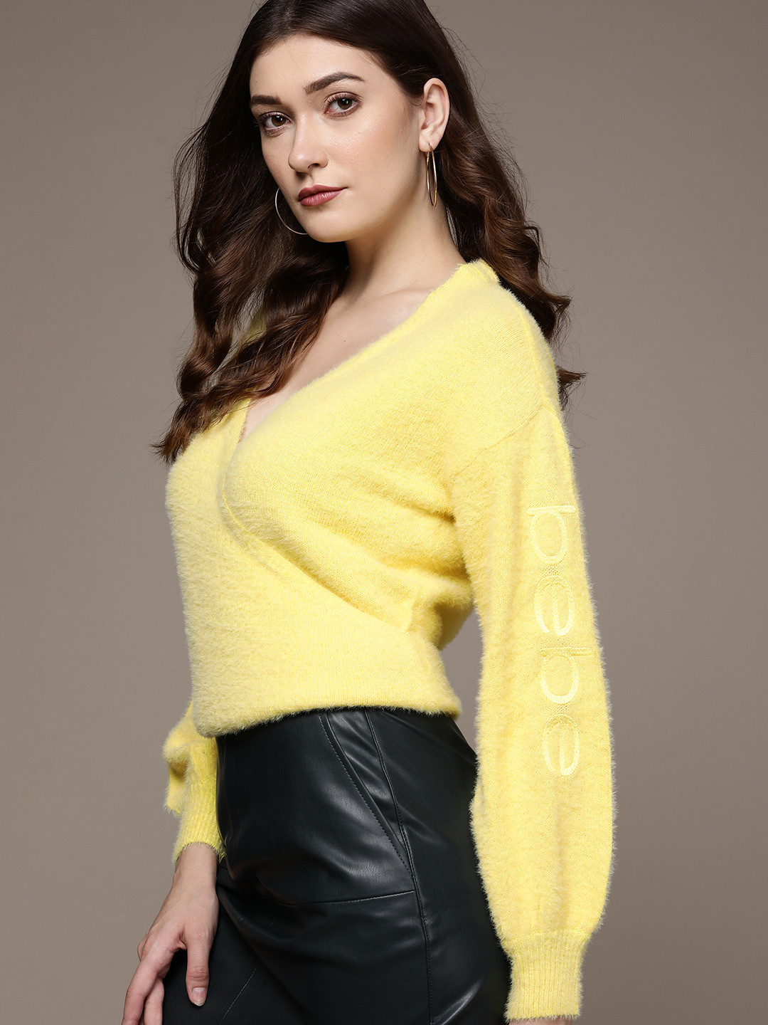 Buy Bebe Women Pastel Yellow Brighter Basics Wrap Style Fuzzy Pullover ...