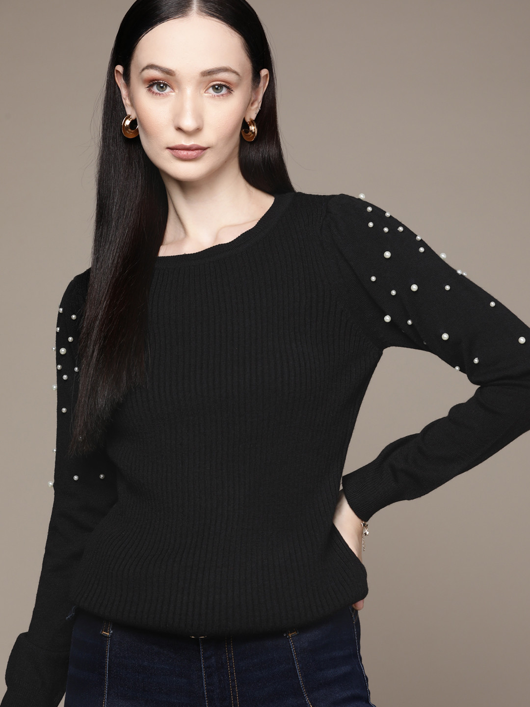 Buy Bebe Women Jet Black All Day Ribbed Sweater With Embellished Detail ...