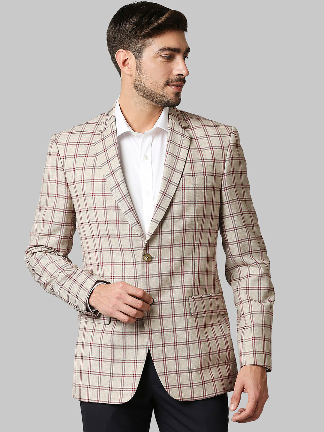 Buy Raymond Men Beige Checked Single Breasted Formal Blazers - Blazers ...