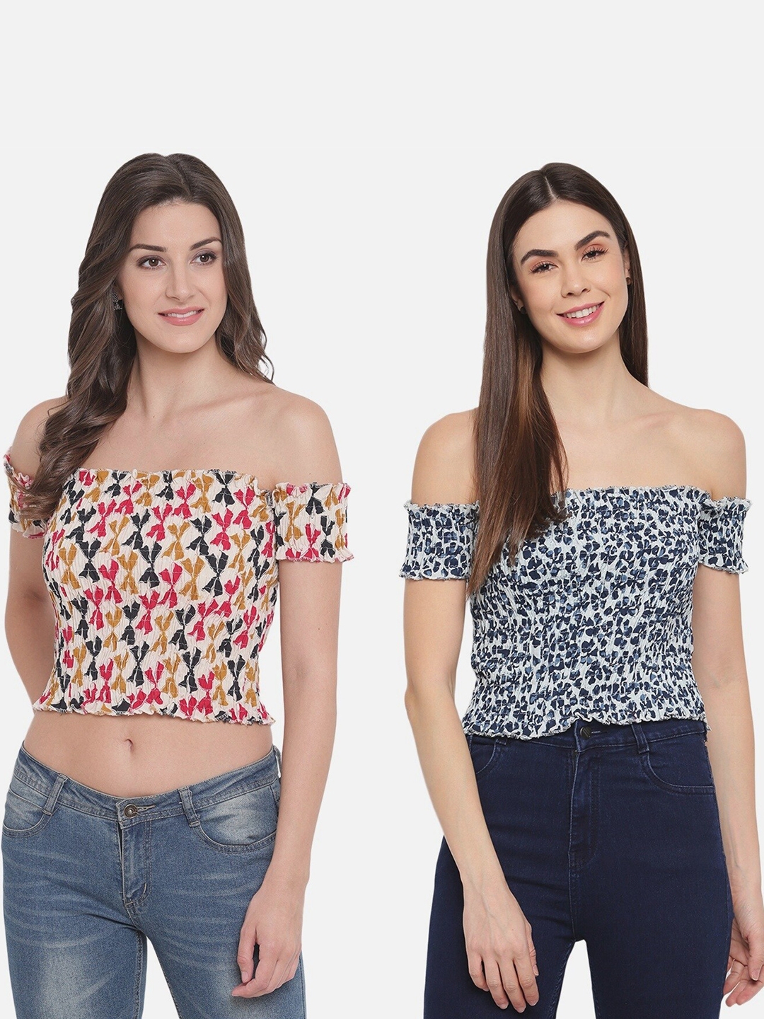 Buy Aawari Pack Of 2 Floral Print Off Shoulder Bardot Crop Top Tops