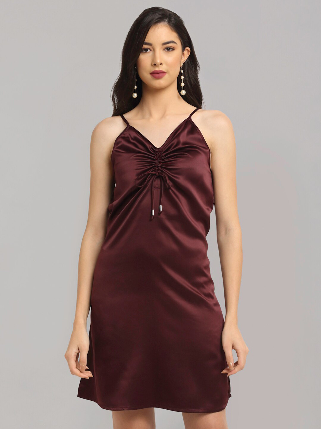 Buy NEUDIS Women Burgundy Satin Sheath Midi Dress - Dresses for Women ...