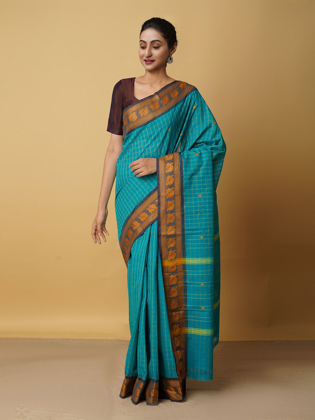Buy Unnati Silks Blue & Navy Blue Checked Pure Cotton Chettinad Saree ...