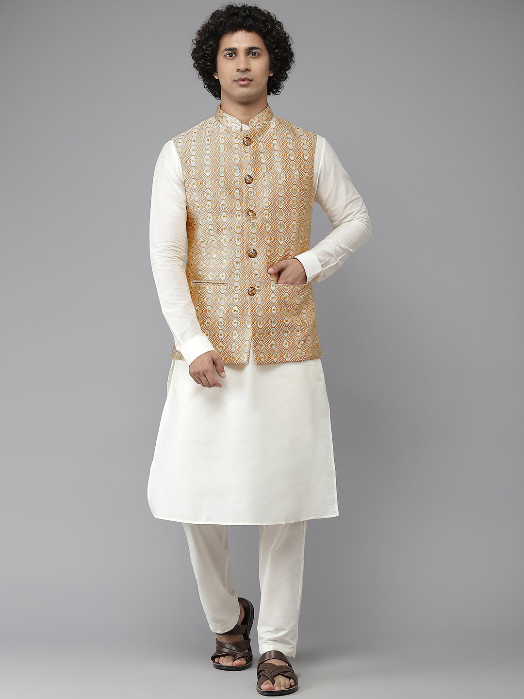 Buy See Designs Men White & Golden Pure Silk Kurta With Pyjamas & Nehru ...