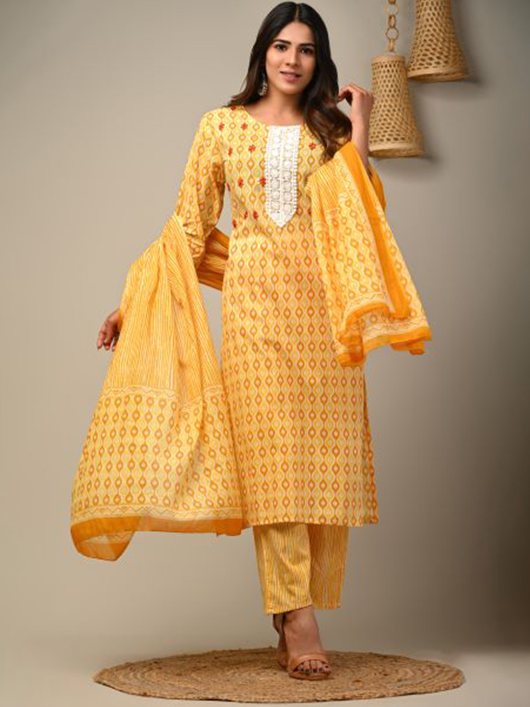 Buy DHRTI Women Mustard Yellow Printed Pure Cotton Kurta With Trousers ...