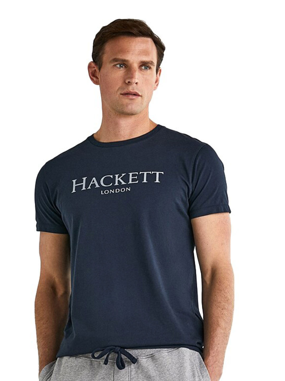 Buy HACKETT LONDON Men Navy Blue Brand Logo Printed Pure Cotton T Shirt ...