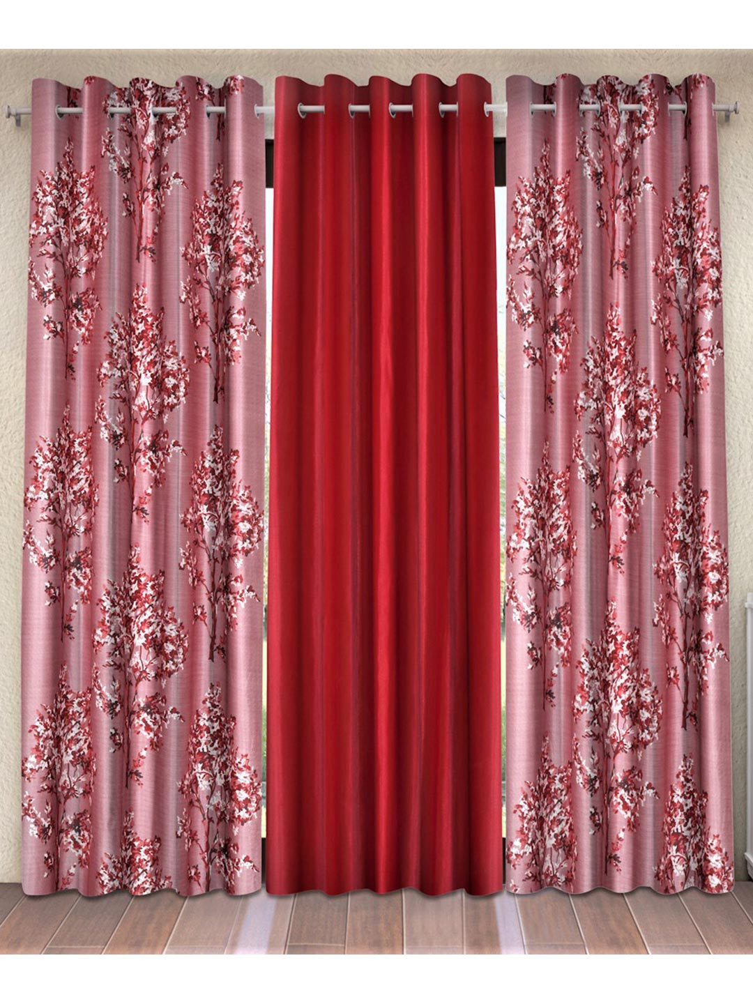 Buy Fashion String Maroon & White Set Of 3 Floral Long Door Curtain ...