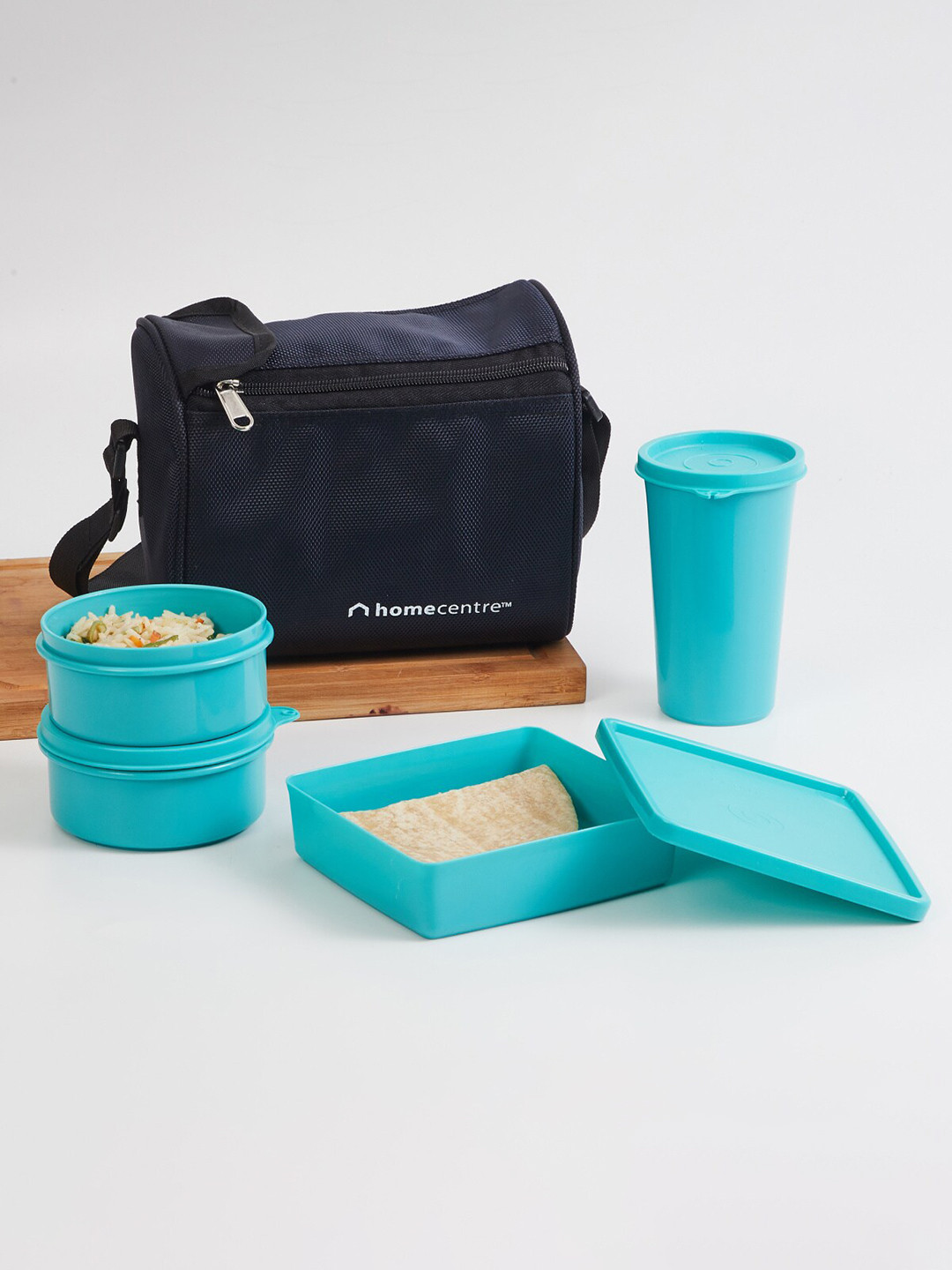 Buy Home Centre 4 Pieces Of Blue Solid Lunch Box With Carry Bag - Lunch ...