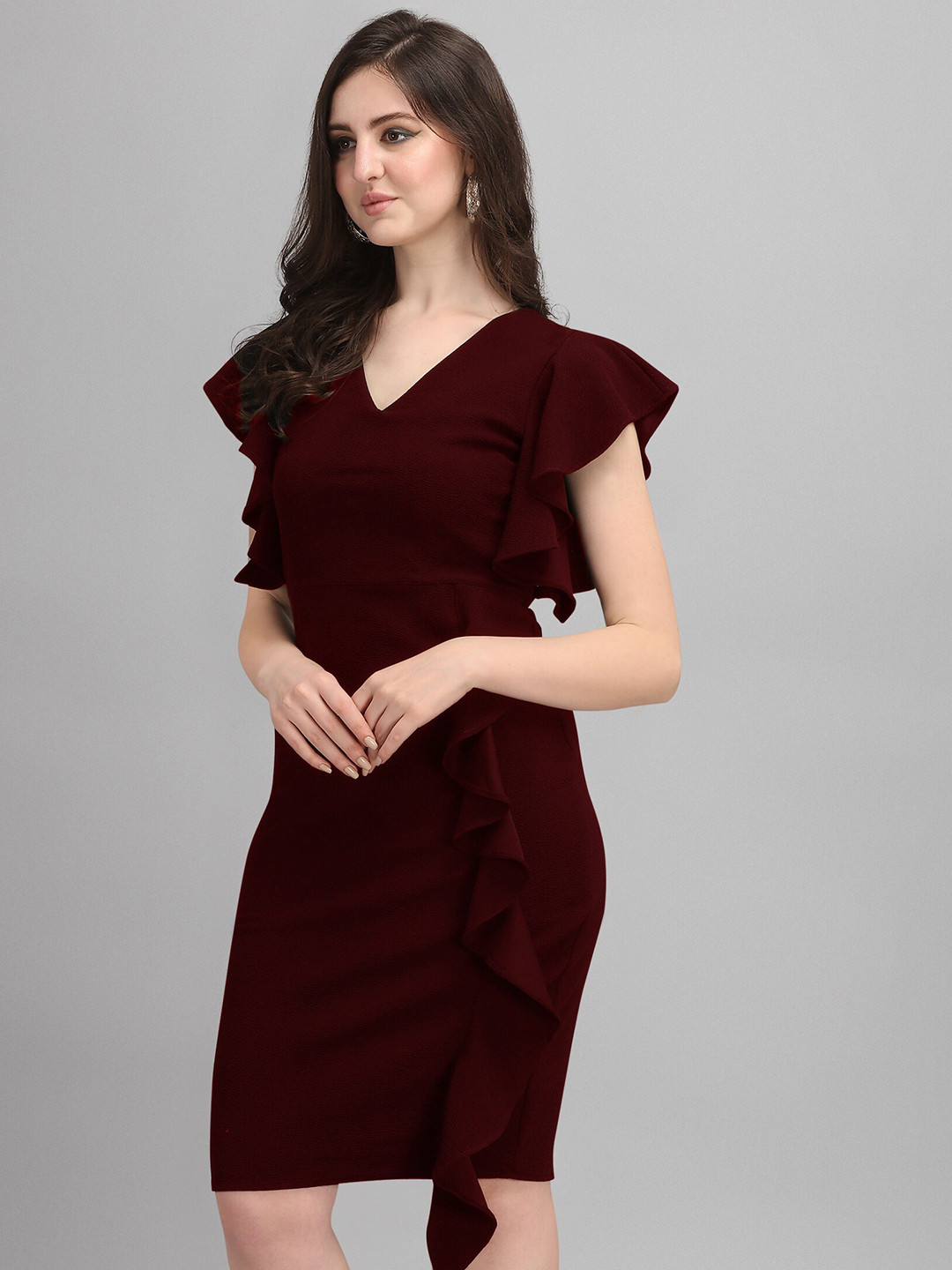 Buy SHEETAL Associates Women Maroon Ruffle Midi Bodycon Dress - Dresses ...