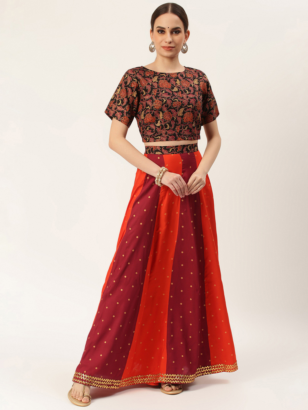 Buy Rustorange Maroon & Rust Polka And Jaal Festive Lehenga & Choli ...