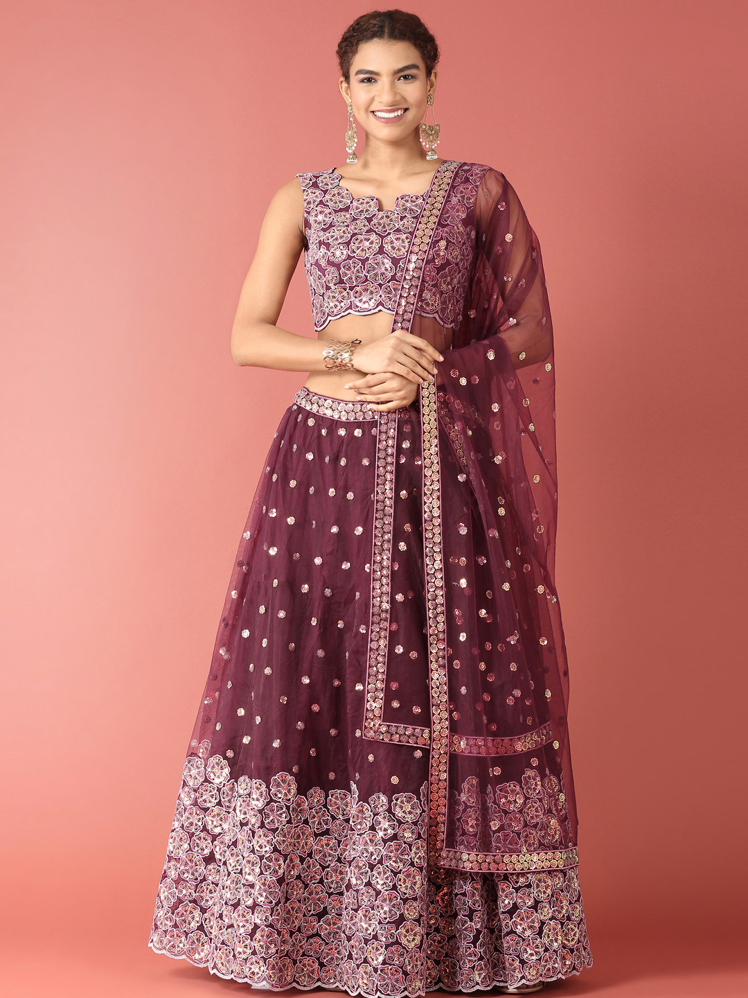 Buy Panchhi Burgundy Embellished Sequinned Semi Stitched Lehenga ...