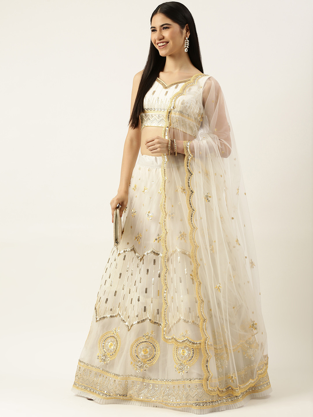 Buy Panchhi Cream Coloured Embellished Sequinned Semi Stitched Lehenga ...