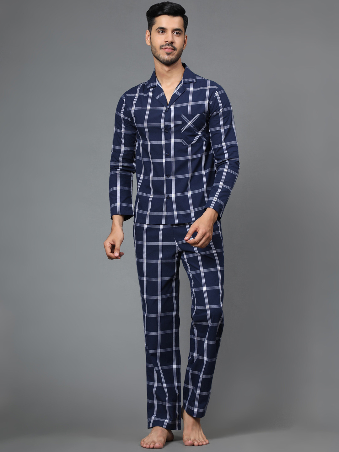 Buy BStories Men Navy Blue Pure Cotton Checked Night Suit - Night Suits ...