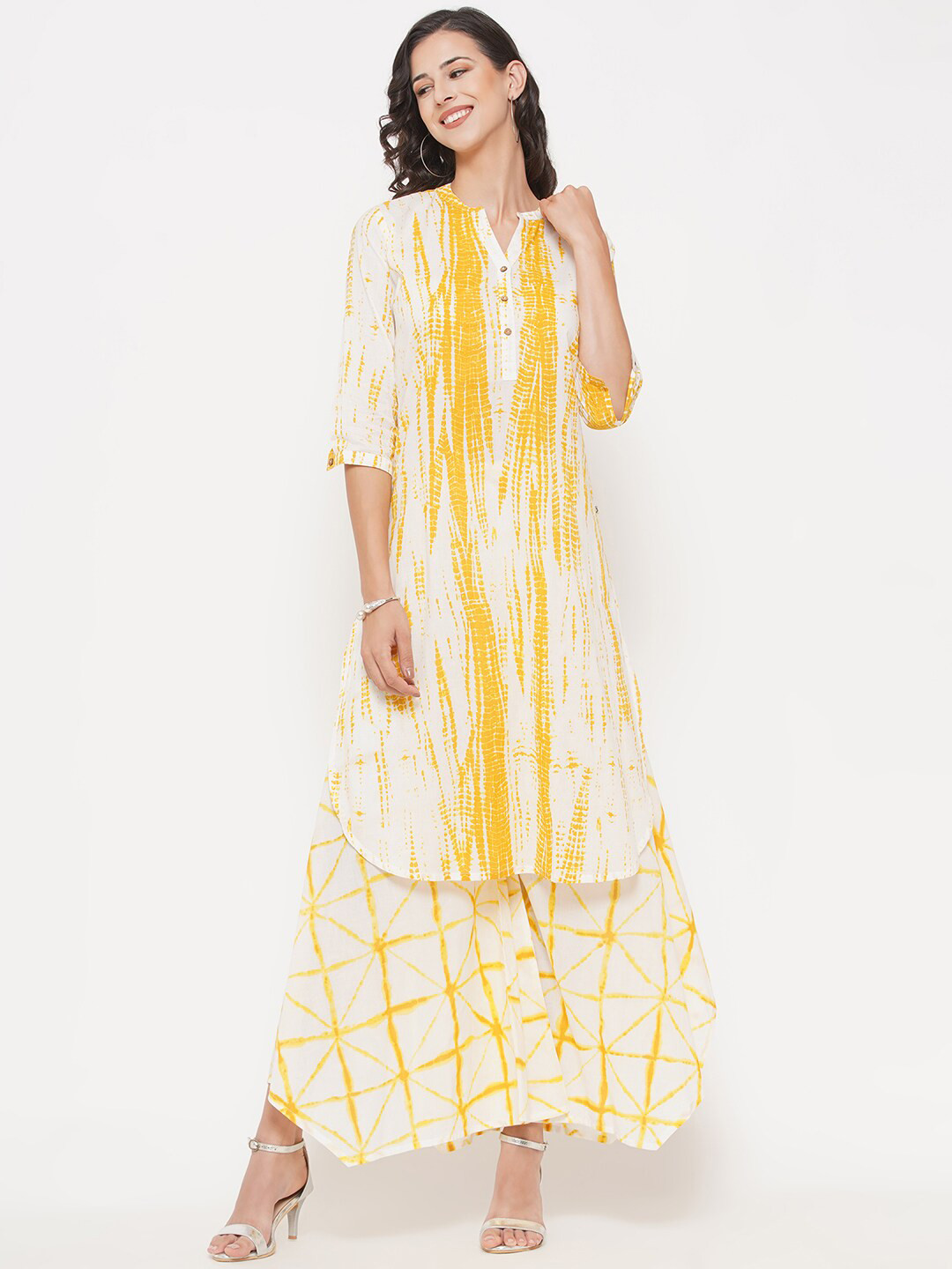 Buy FABNEST Yellow & Off White Printed Tunic - Tunics for Women ...