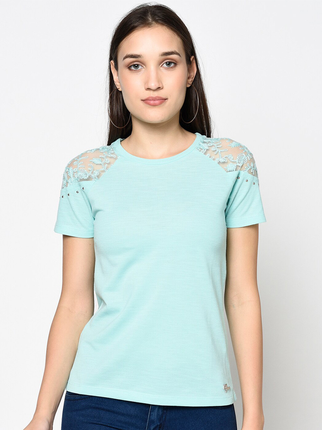 Buy Miss Grace Women Turquoise Blue Floral Knitted Top - Tops for Women ...