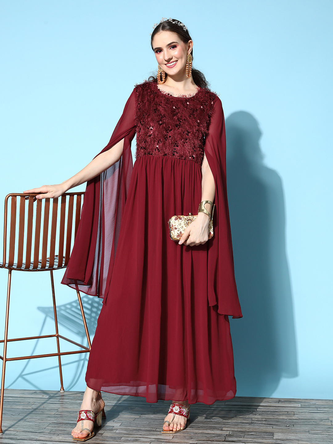 Buy Tikhi Imli Women Maroon Polyester Hyper Texture Ethnic Dress ...