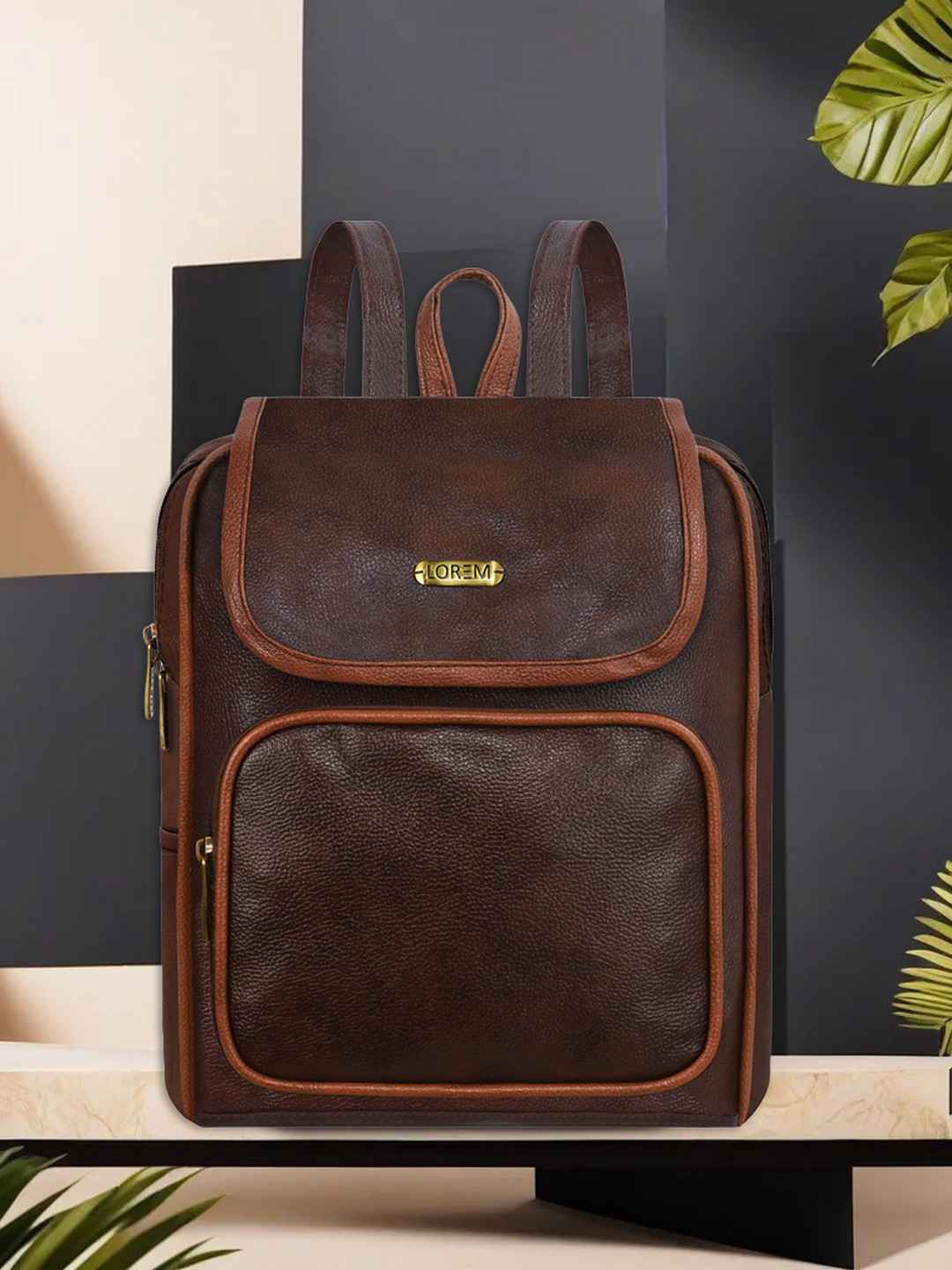 Buy LOREM Women Brown & Gold Toned Solid Backpack - Backpacks for Women ...