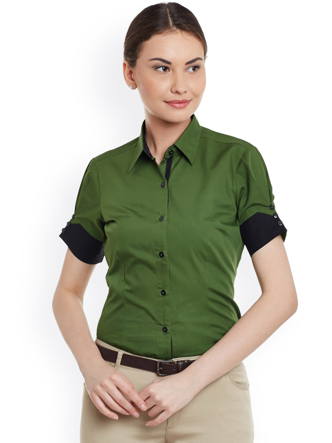 Buy Dazzio Women Olive Green Smart Slim Fit Solid Formal Shirt - Shirts ...