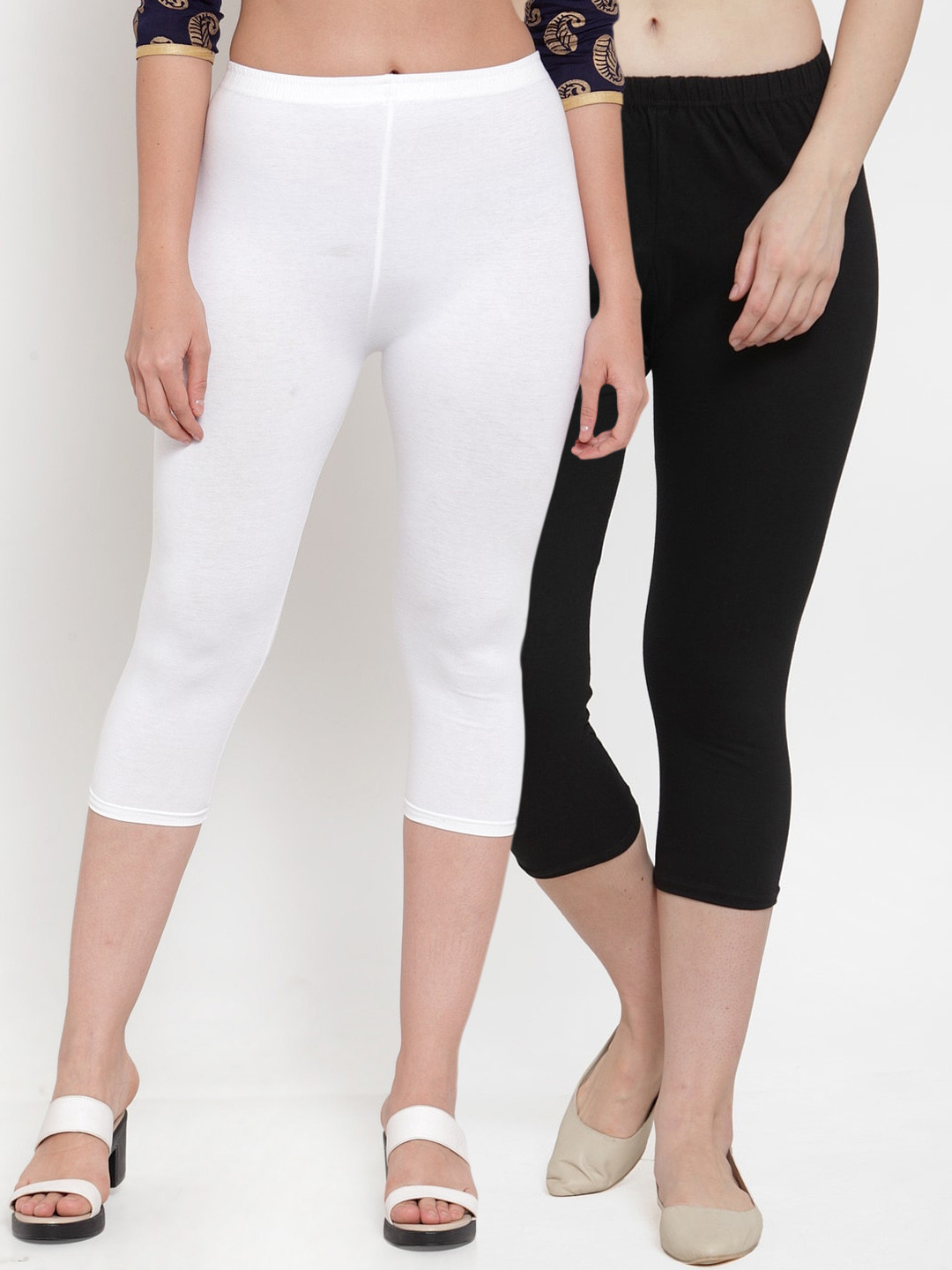 Buy GRACIT Women Set Of 2 Black & White Solid Cotton Capris - Capris ...
