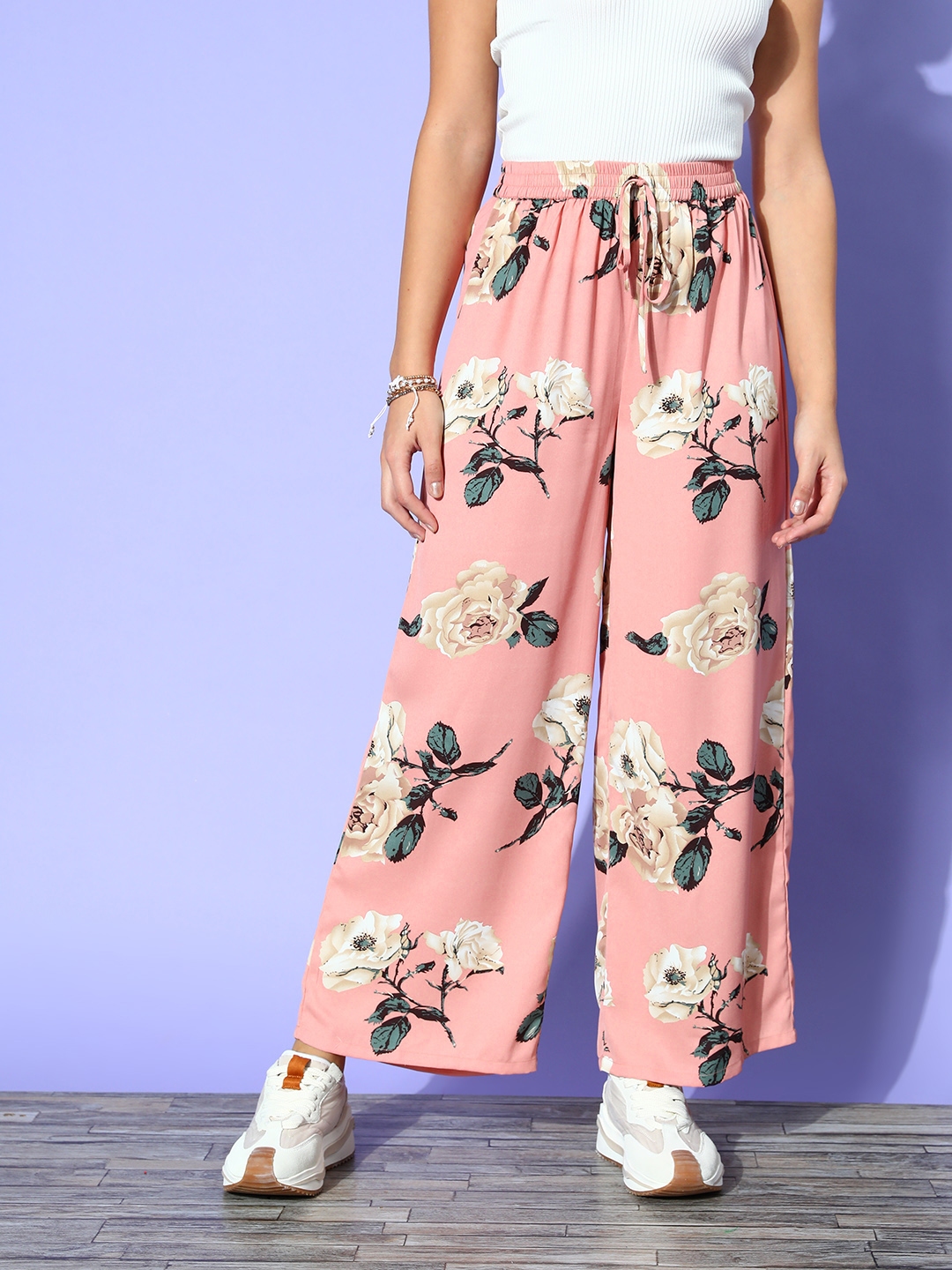 Buy Berrylush Women Pink Floral Wide Leg Trousers Trousers For Women