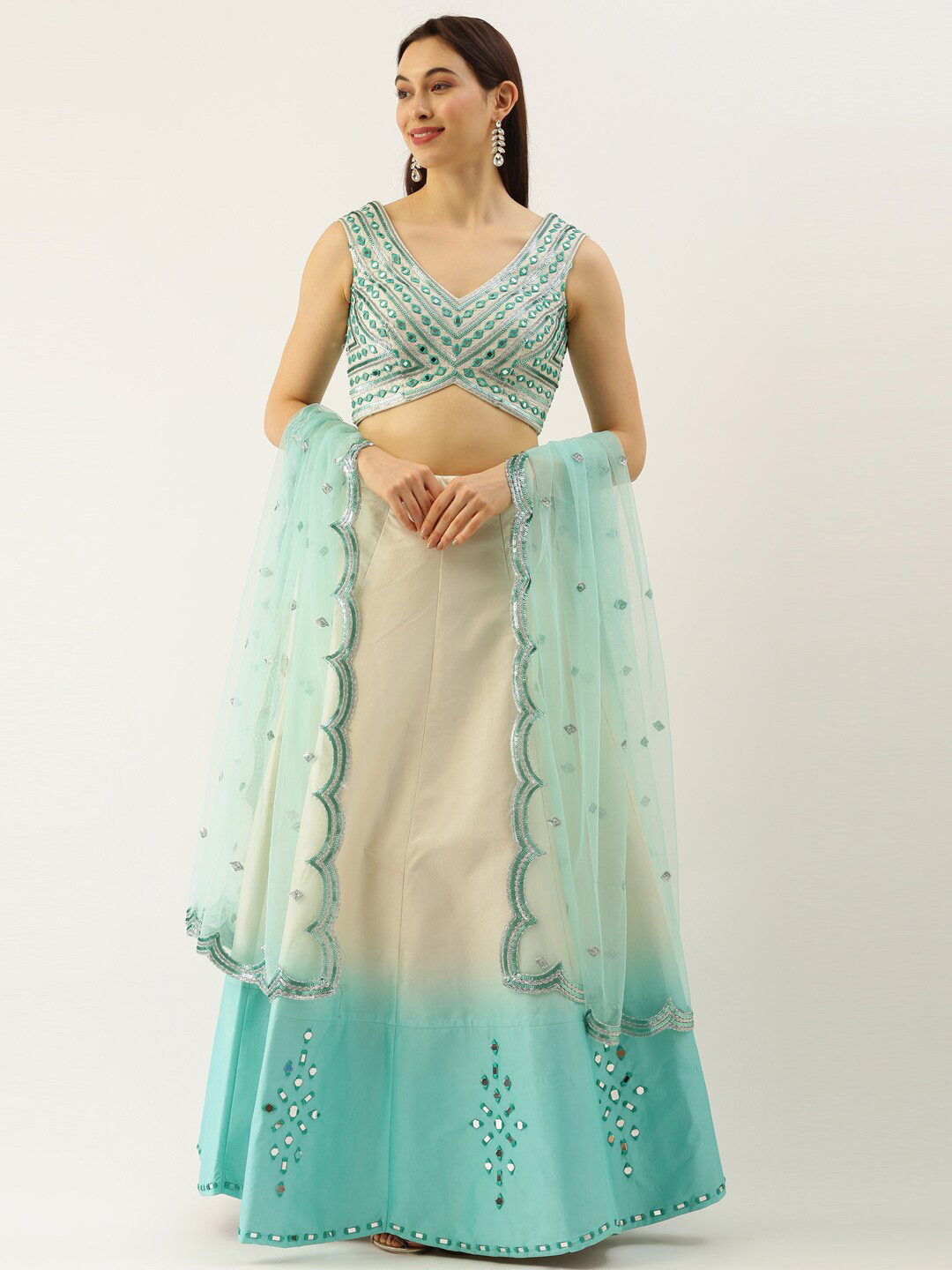 Buy Panchhi Turquoise Blue & White Embellished Mirror Work Ready To ...