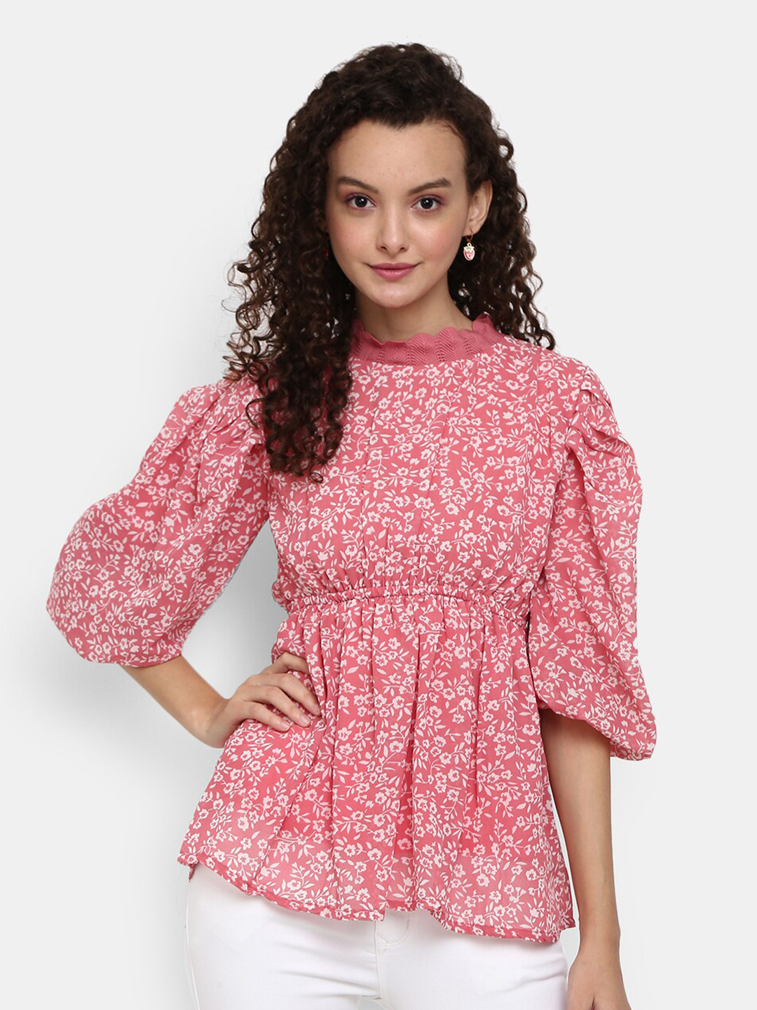 Buy V Mart Pink & White Floral Print Empire Top - Tops for Women ...