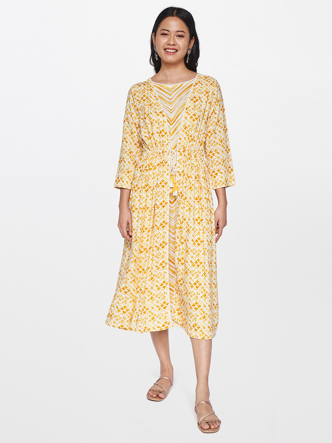Buy Global Desi Yellow Floral Layered A Line Midi Dress - Dresses for ...