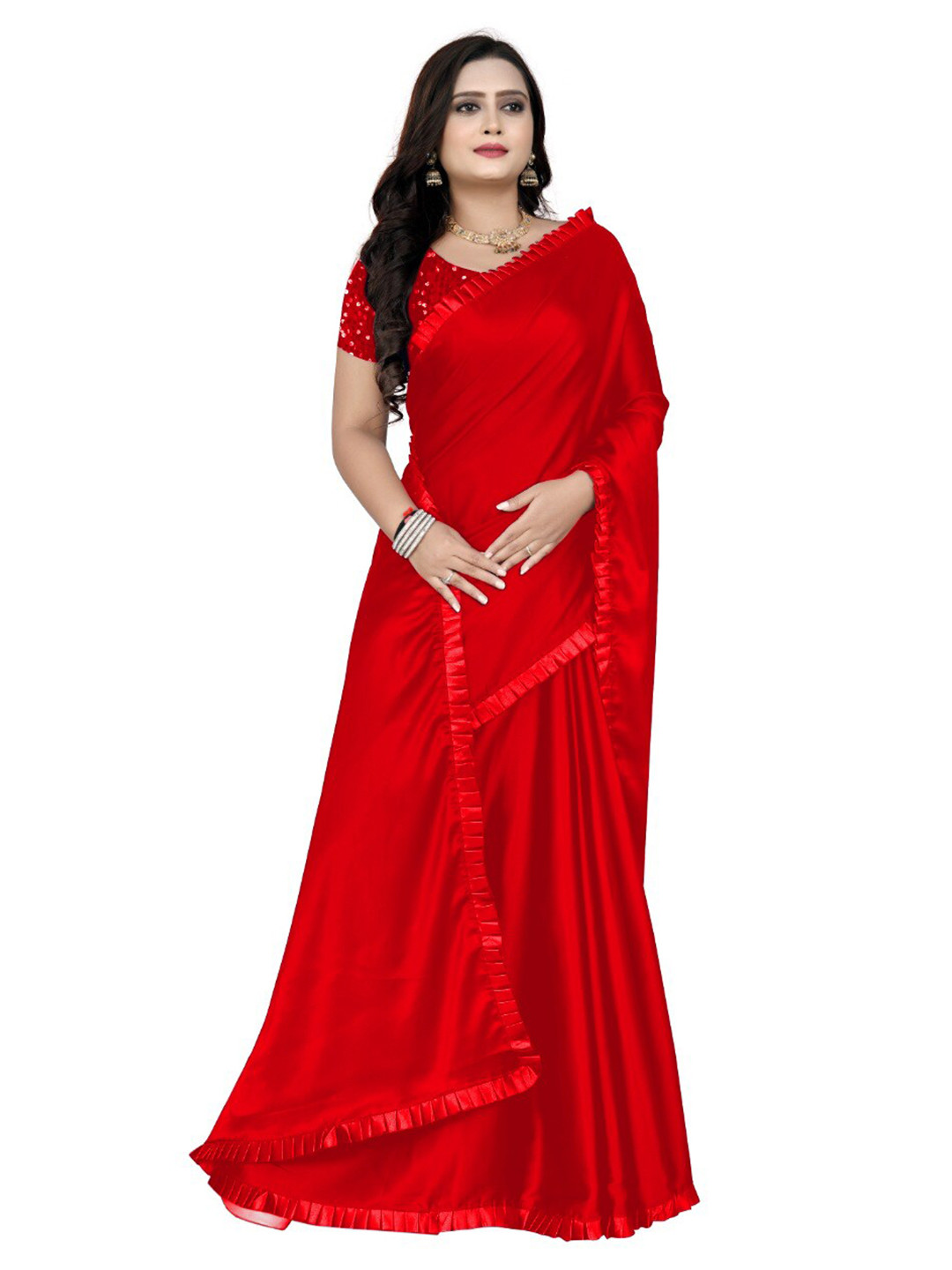 Buy Mizzific Women Red Solid Ruffle Border Satin Saree - Sarees for ...