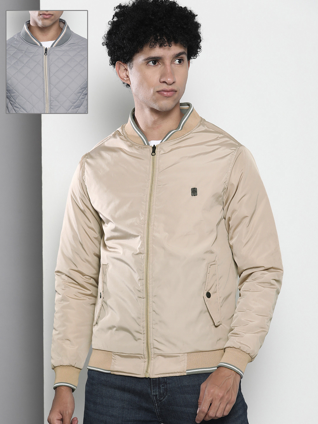 Buy The Indian Garage Co Men Beige & Grey Reversible Bomber Jacket ...