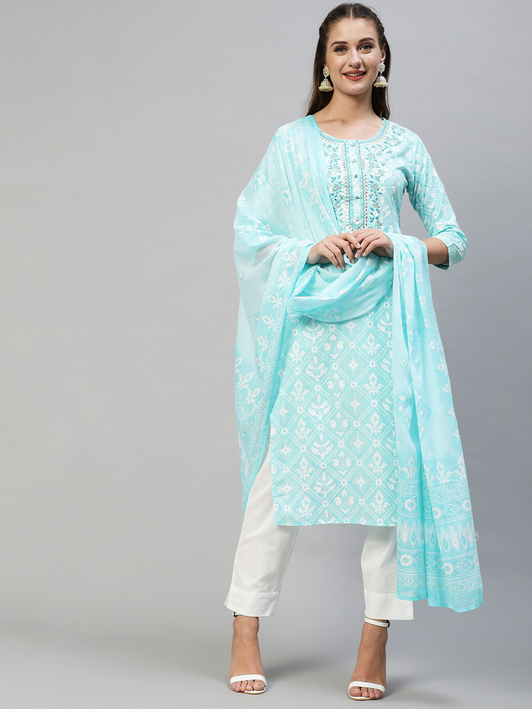 Buy FASHOR Women Blue Floral Embroidered Pure Cotton Kurta With ...