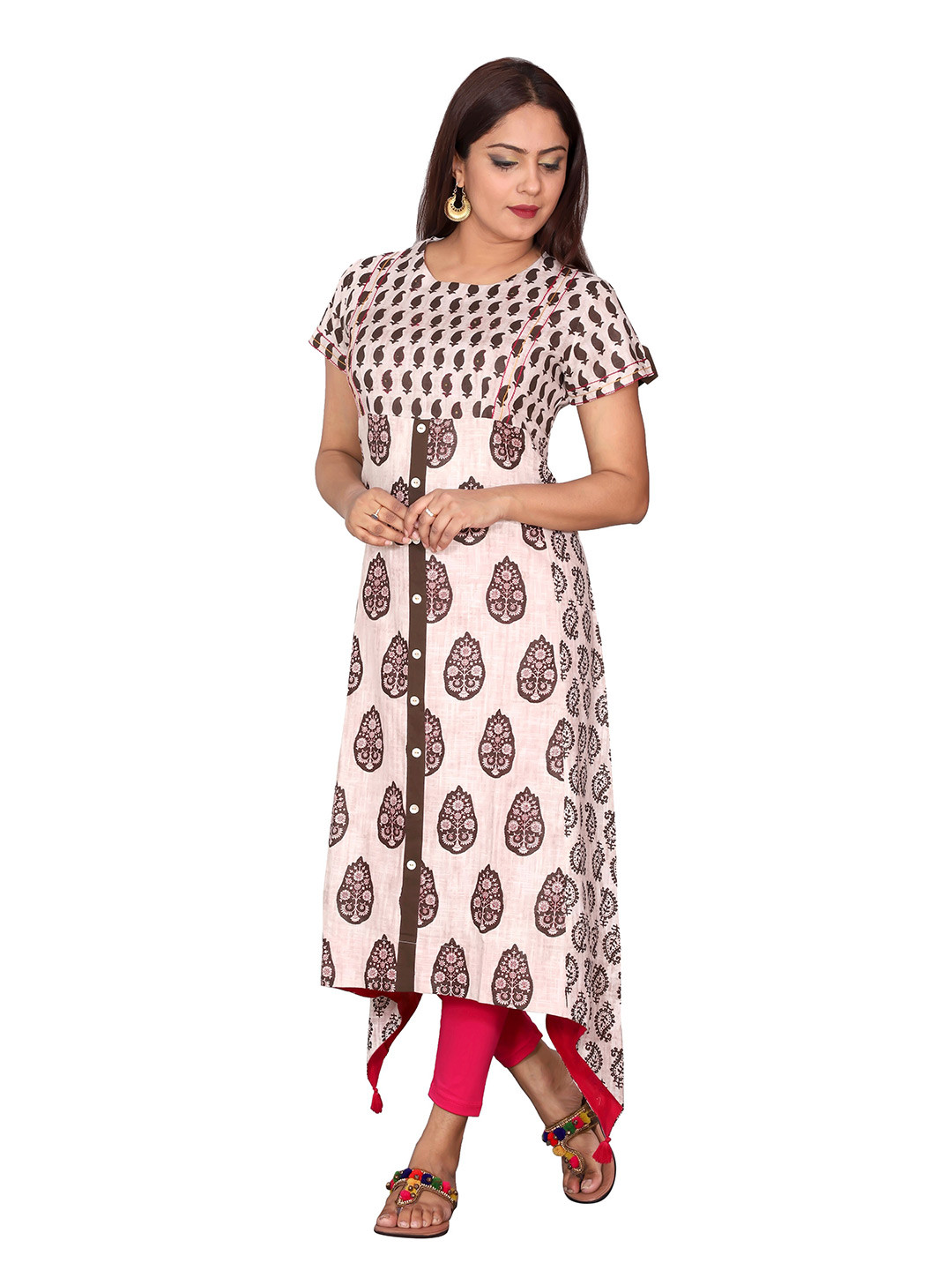 Buy SUTI Women White & Brown Ethnic Motifs Printed Cotton Kurta ...