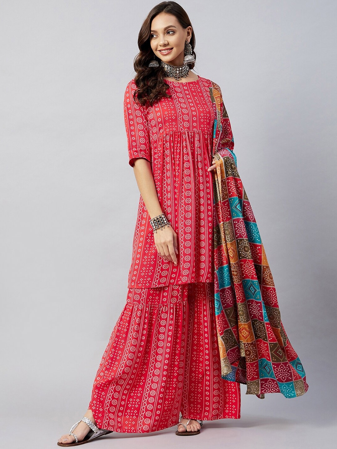 Buy Inweave Women Red Ethnic Motifs Printed Pleated Kurta With Sharara