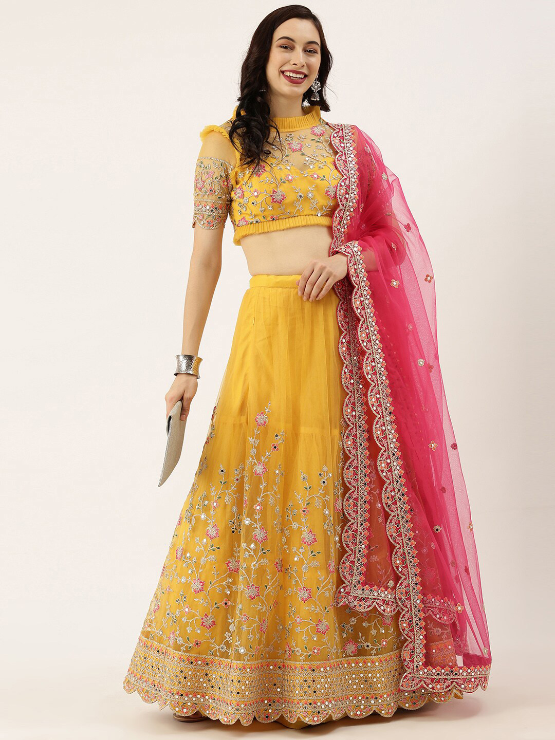 Buy Panchhi Yellow & Pink Embellished Sequinned Semi Stitched Lehenga ...