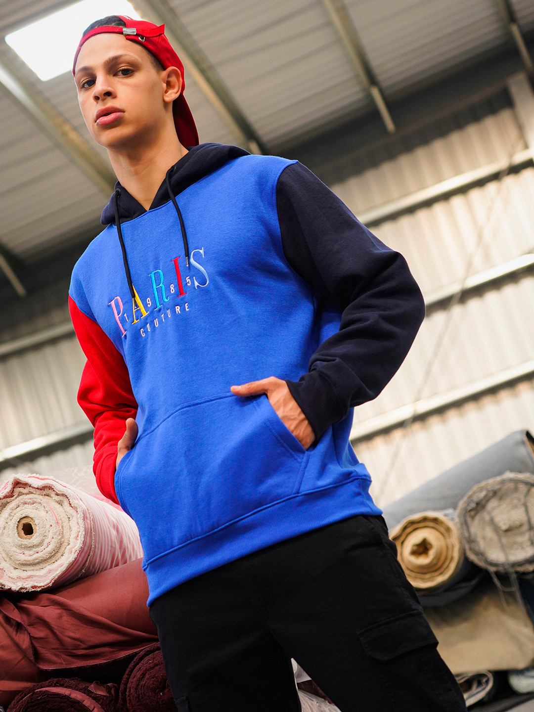 Buy The Indian Garage Co Men Blue & Red Embroidered Hooded Sweatshirt ...