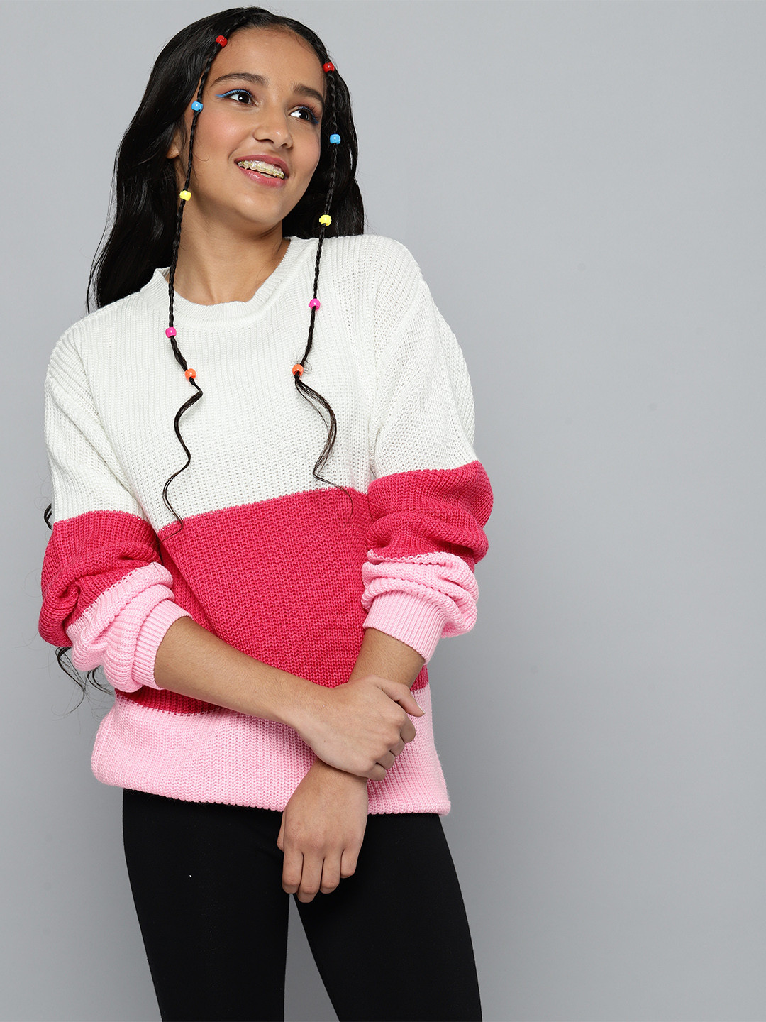 Buy JUSTICE Girls Pink & White Colourblocked Knitted Pullover ...
