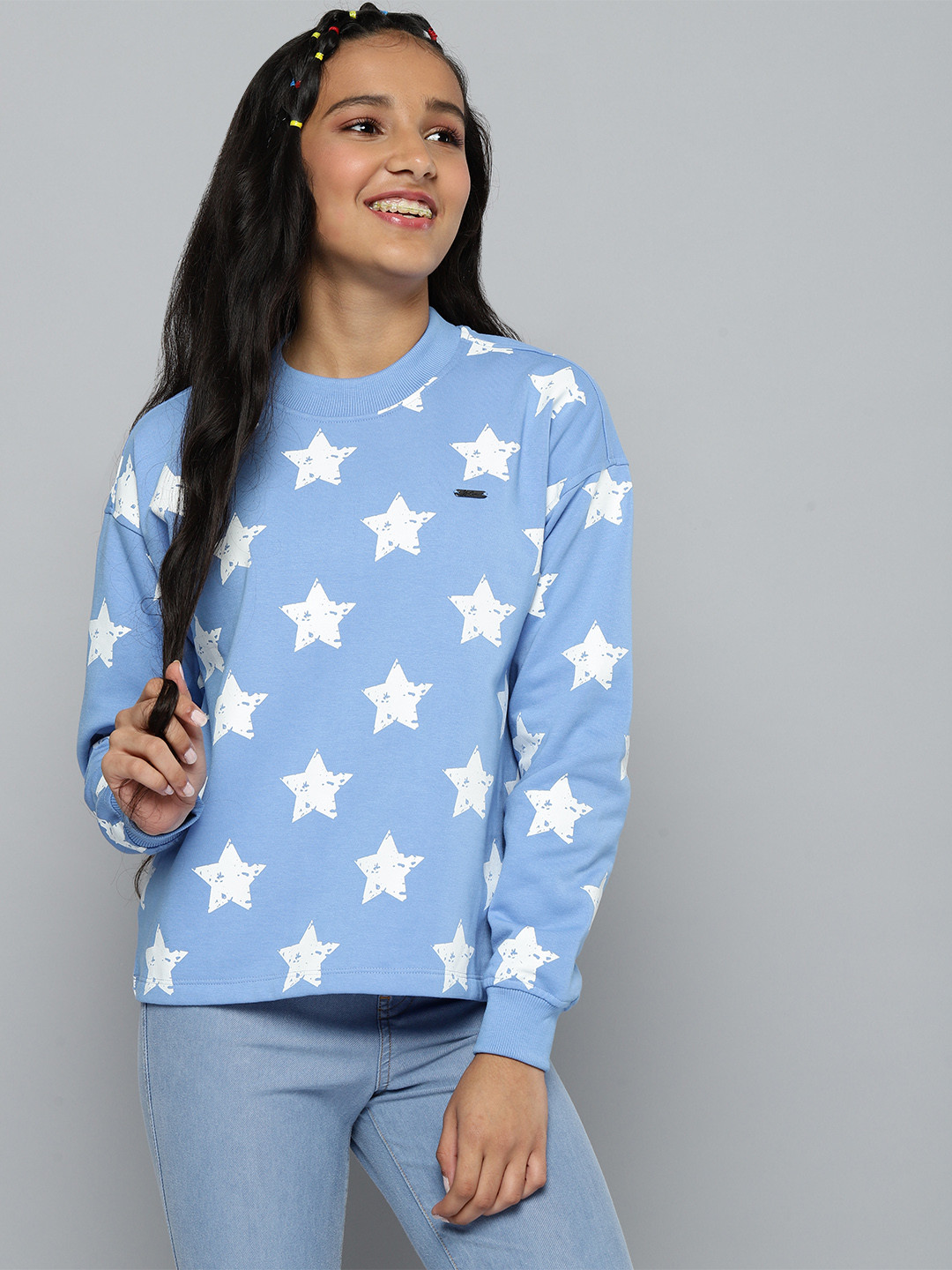 Buy JUSTICE Girls Blue & White Star Print Sweatshirt - Sweatshirts for ...