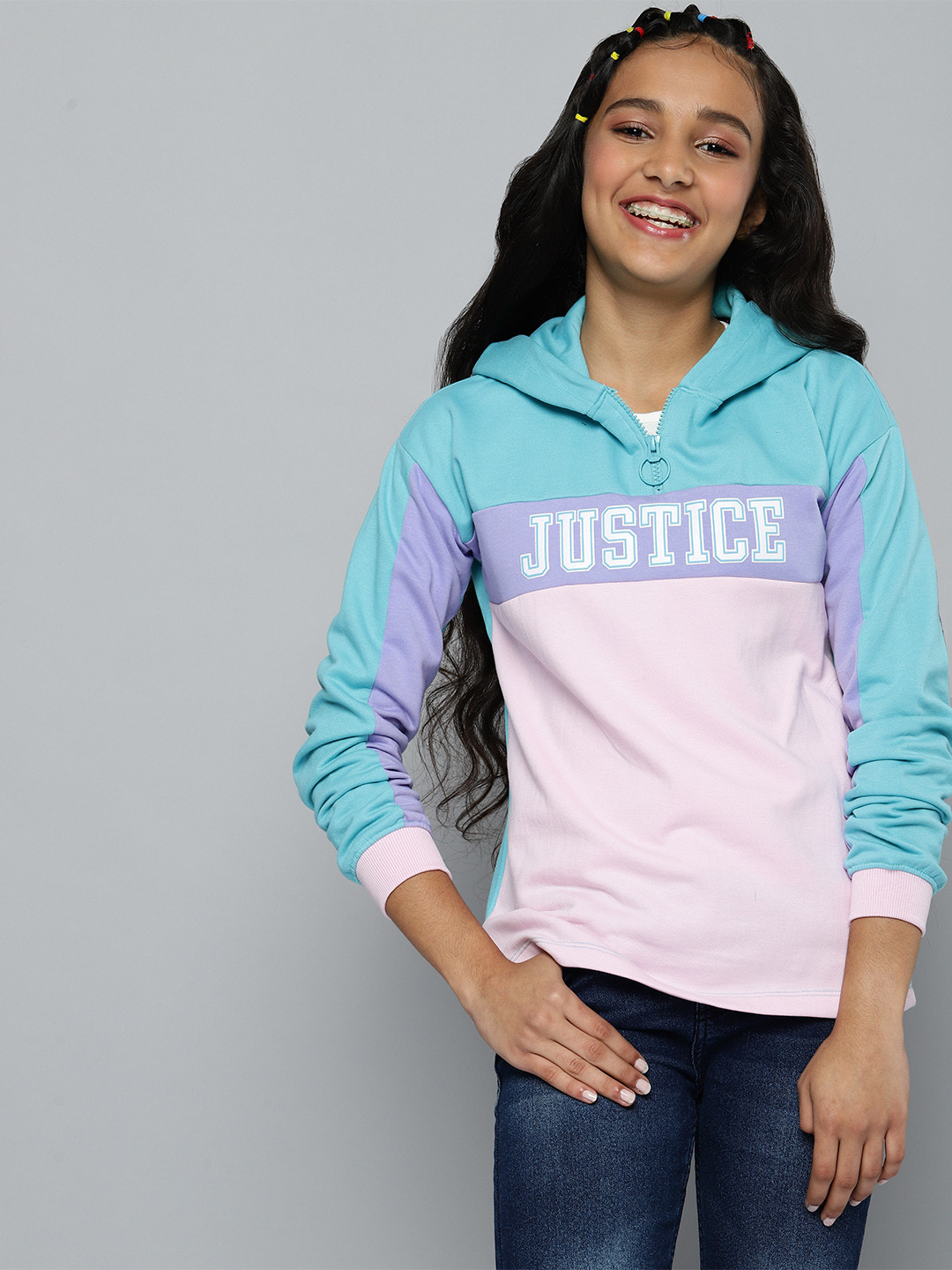 Buy JUSTICE Girls Blue & Pink Colourblocked Hooded Sweatshirt ...