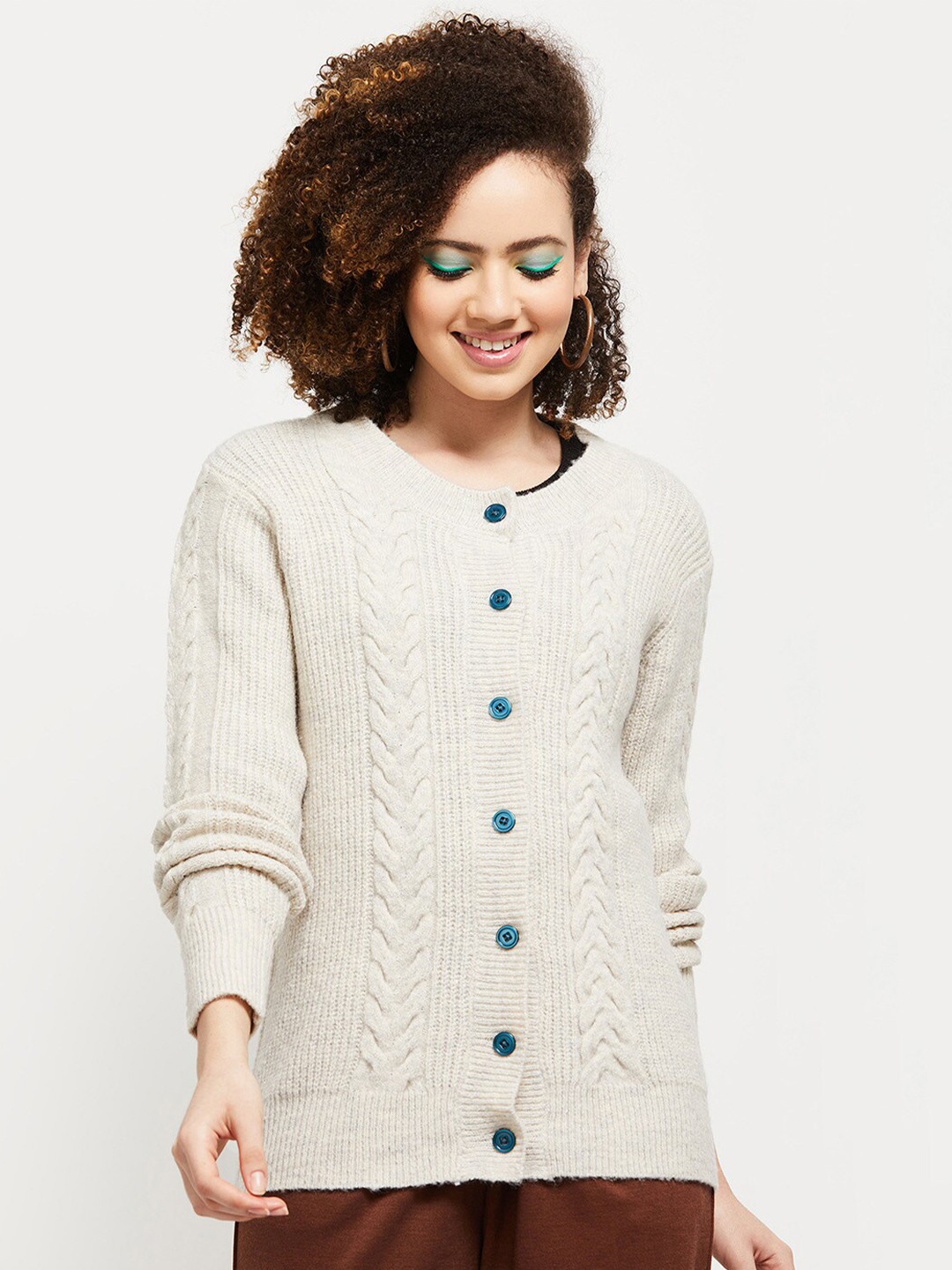 Buy Max Women Off White Cable Knit Cardigan - Sweaters for Women ...
