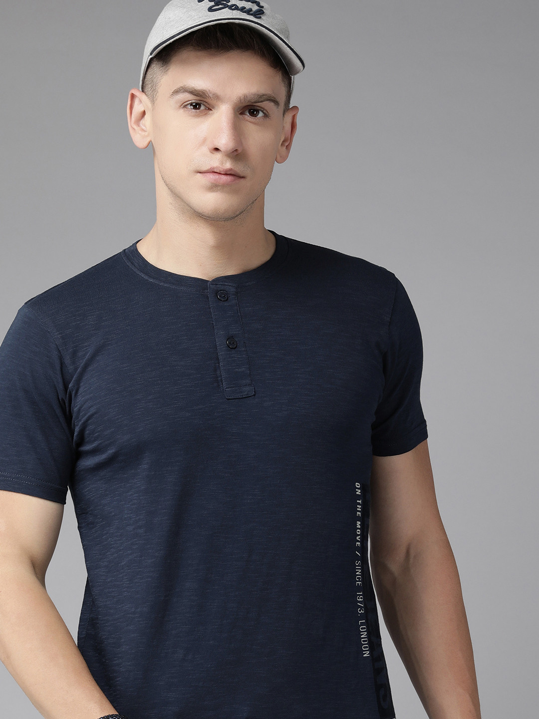 Buy Pepe Jeans Brand Logo Printed Henley Neck Pure Cotton Slim Fit T ...