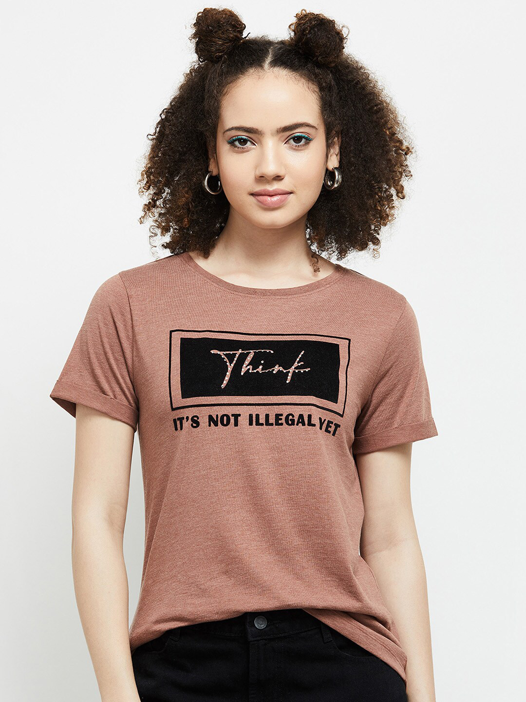 Buy Max Women Brown Typography Printed Cotton T Shirt - Tshirts for ...