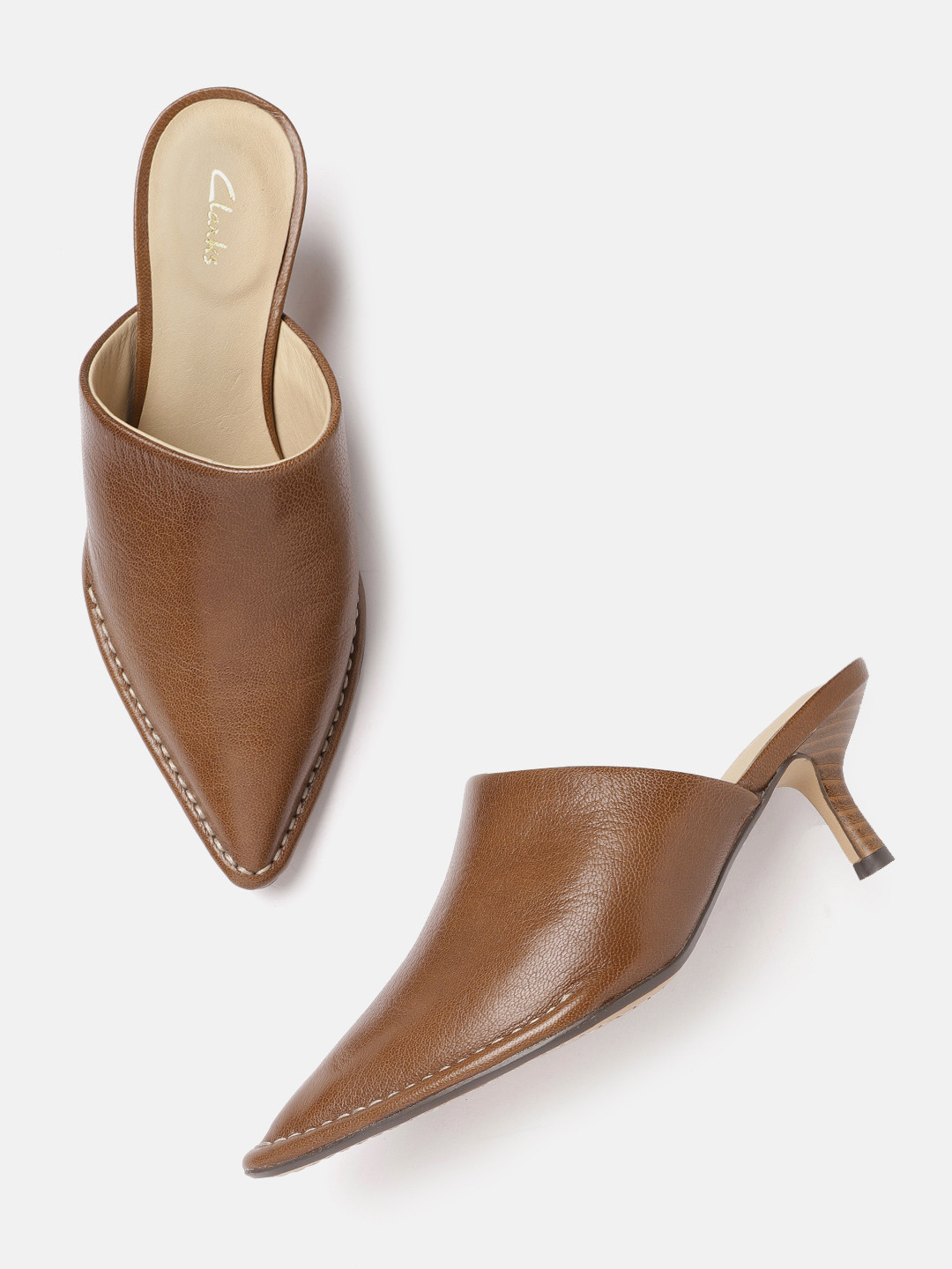 Buy Clarks Tan Brown Solid Leather Slim Mules - Heels for Women ...