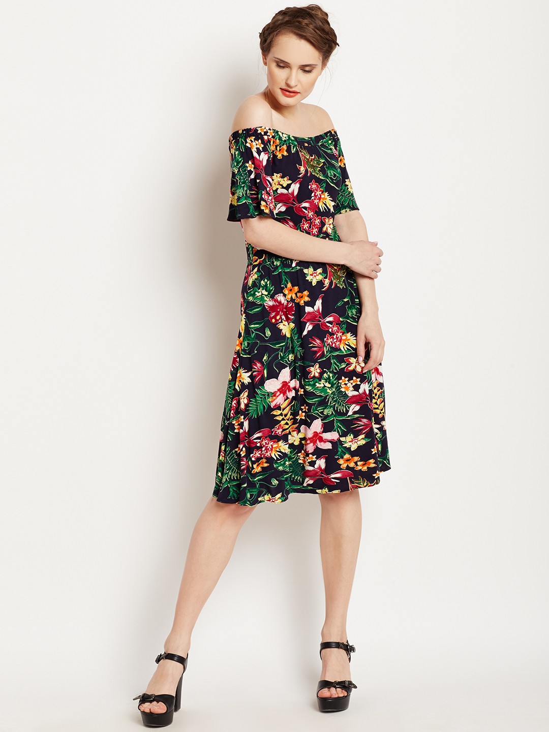 Buy Cover Story Women Navy And Green Printed Off Shoulder Fit And Flare