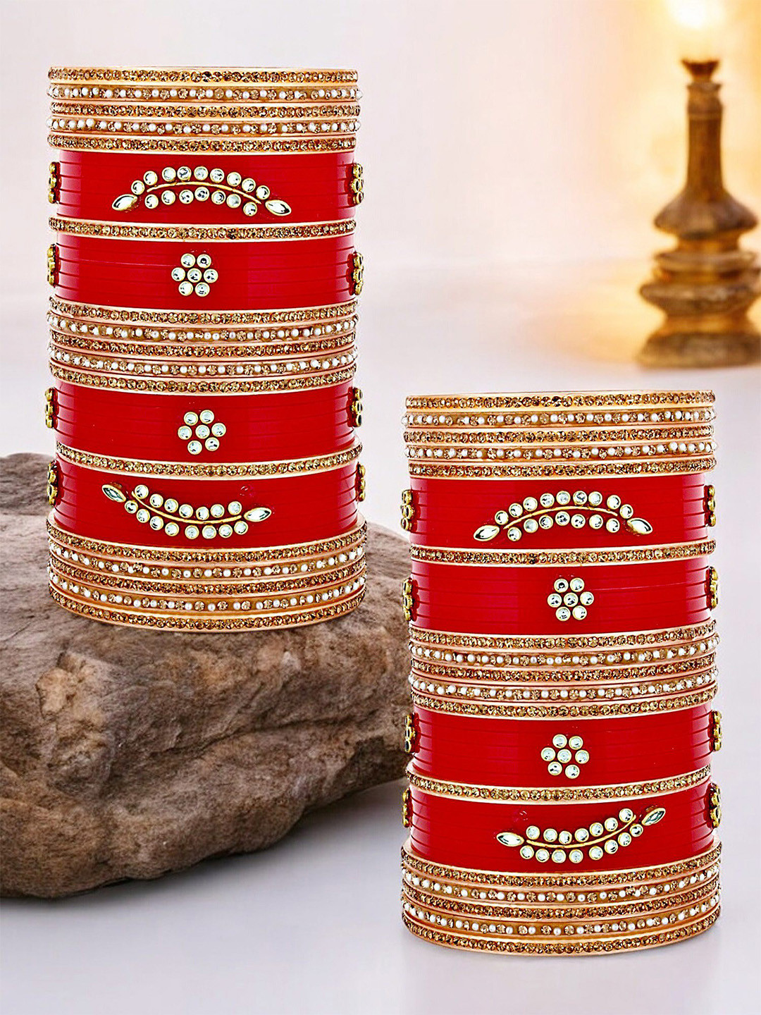 Buy LUCKY JEWELLERY Red Kundan Stone Studded Punjabi Chura Bridal ...