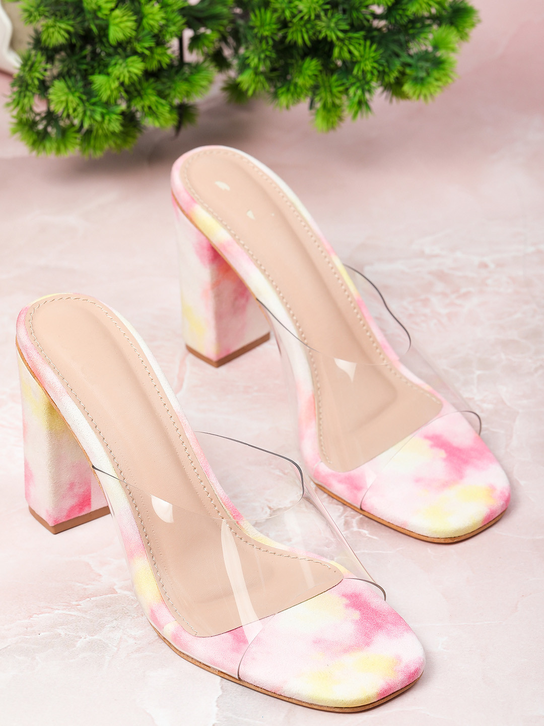 Buy REEZZ Pink & Transparent Suede Block Heels - Heels for Women ...