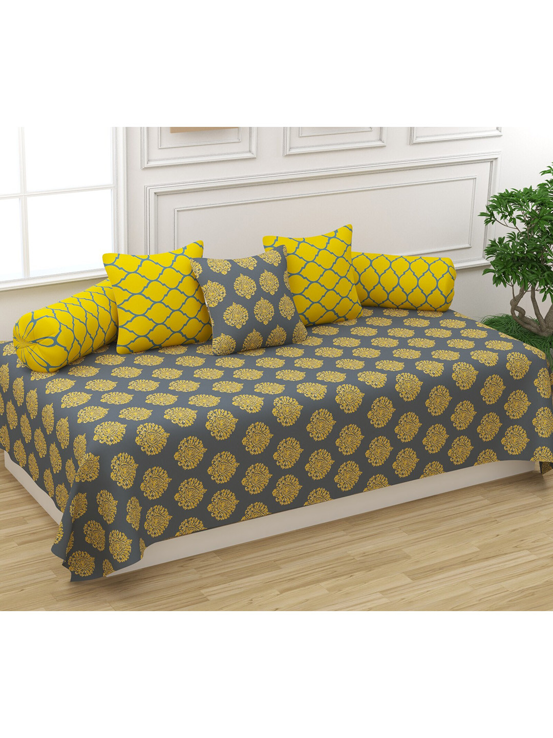 Buy Trance Home Linen Set Of 6 Yellow Printed Cotton Diwan Set With ...