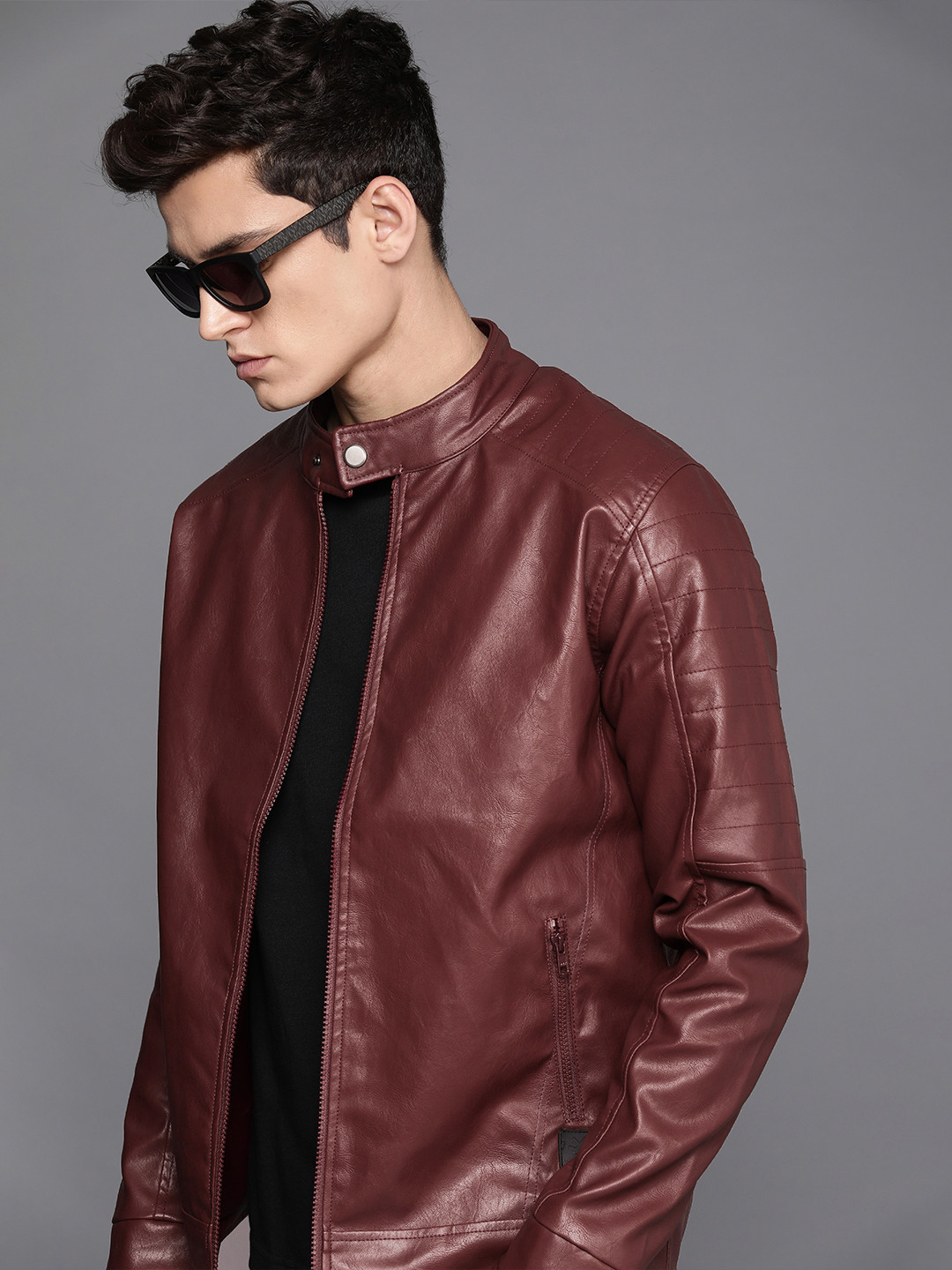 Buy WROGN Men Maroon Textured Biker Jacket - Jackets for Men 19547338 ...
