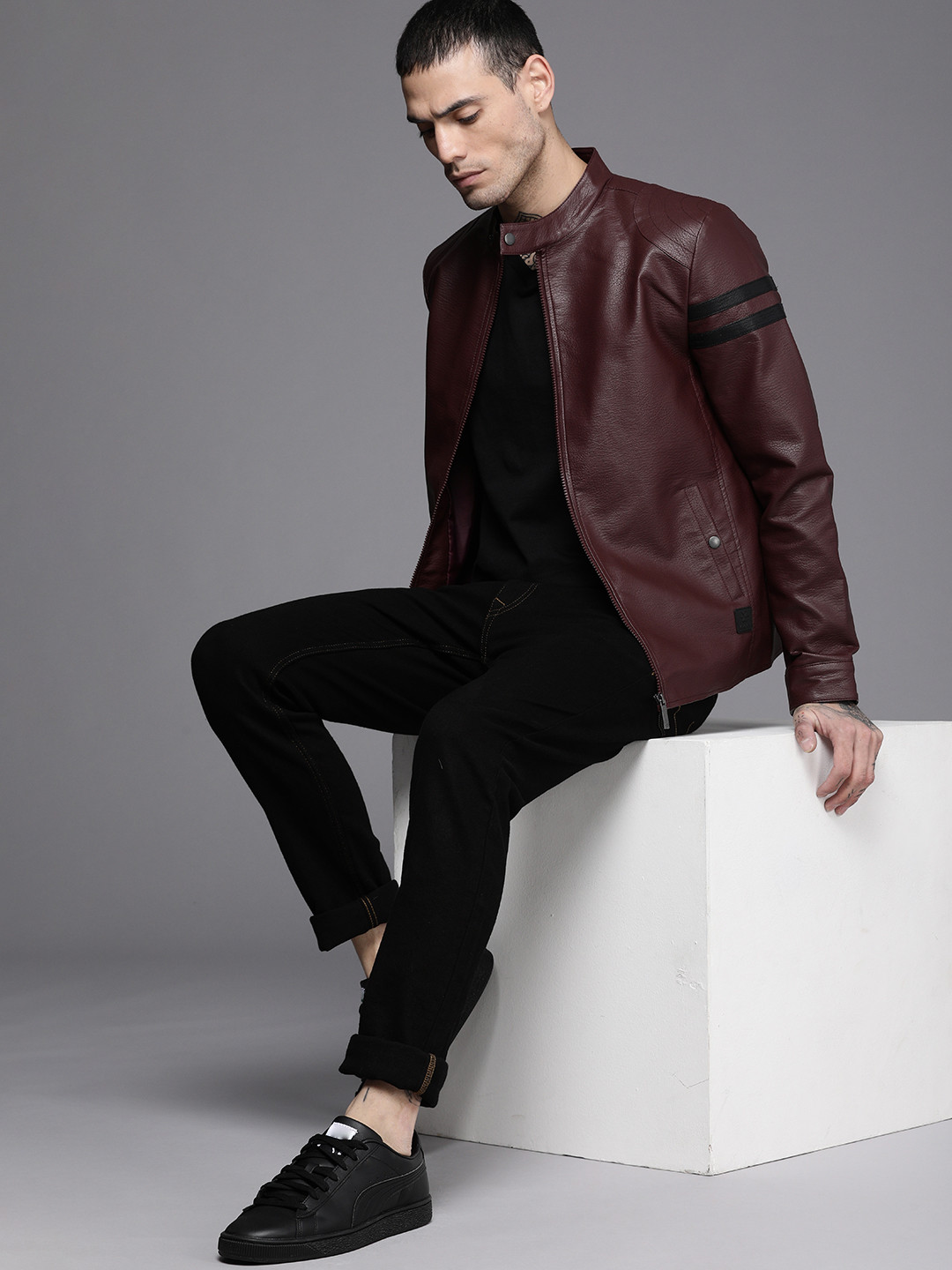 Buy WROGN Men Maroon Biker Jacket - Jackets for Men 19547350 | Myntra