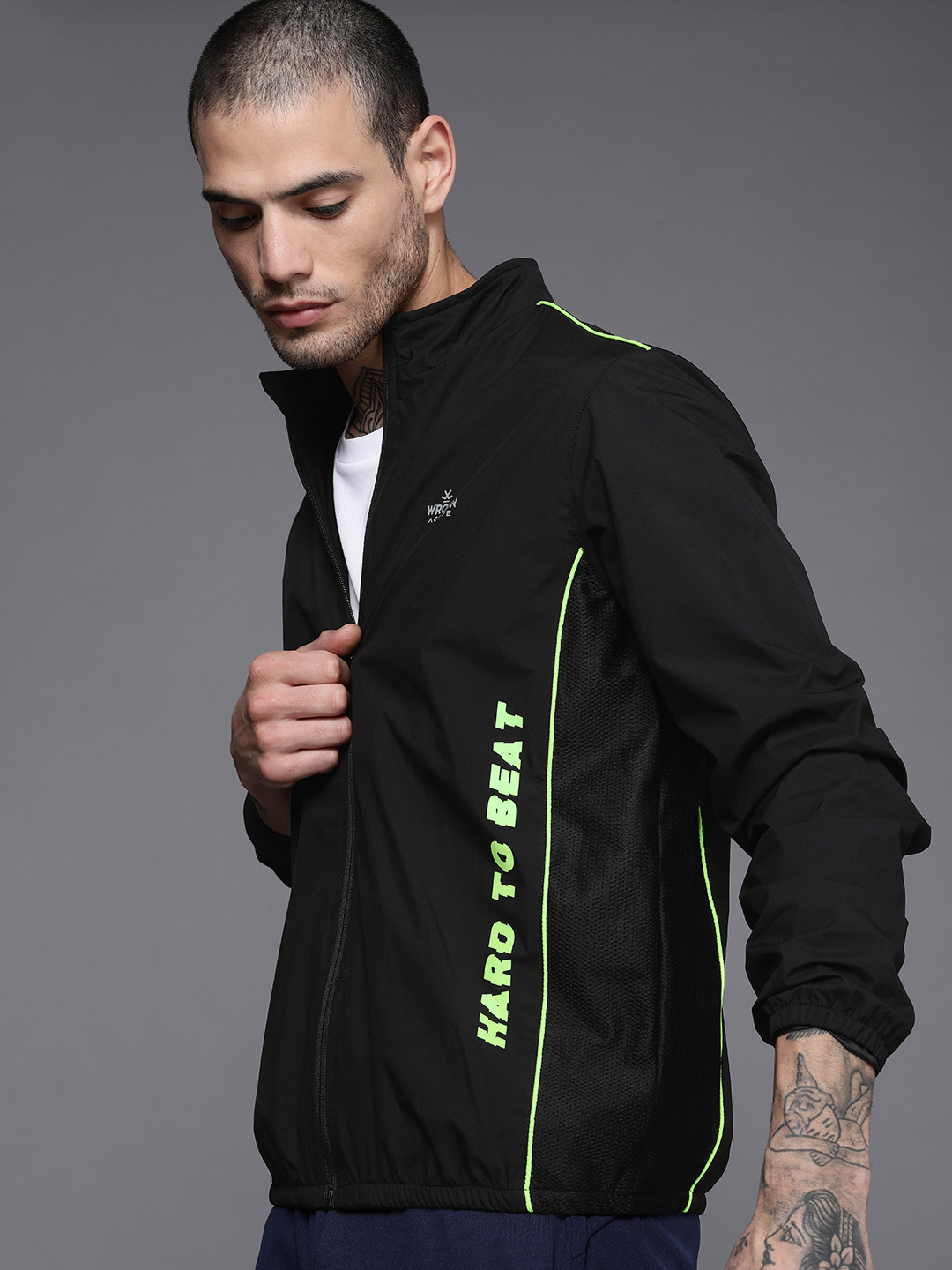 Buy WROGN ACTIVE Men Black Typography Printed Mock Collar Sporty Jacket ...