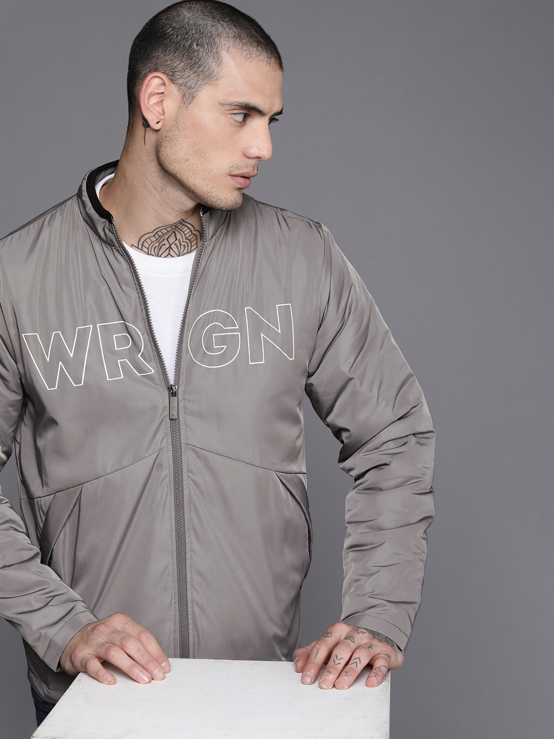 Buy WROGN Men Grey Brand Logo Detail Slim Fit Solid Padded Jacket ...